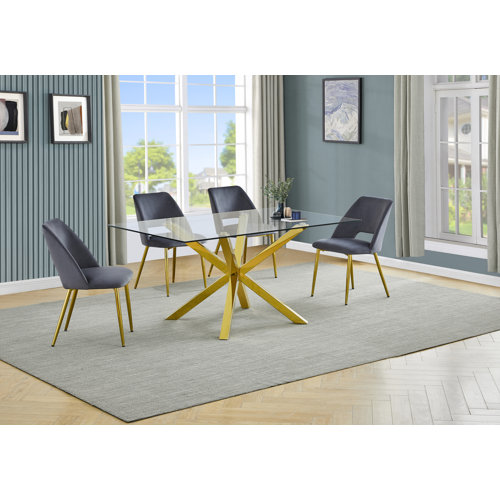 Mercer41 Rectangular 63'' x 39" Glass Dining Set with Velvet Side Chairs and Gold Base | Wayfair